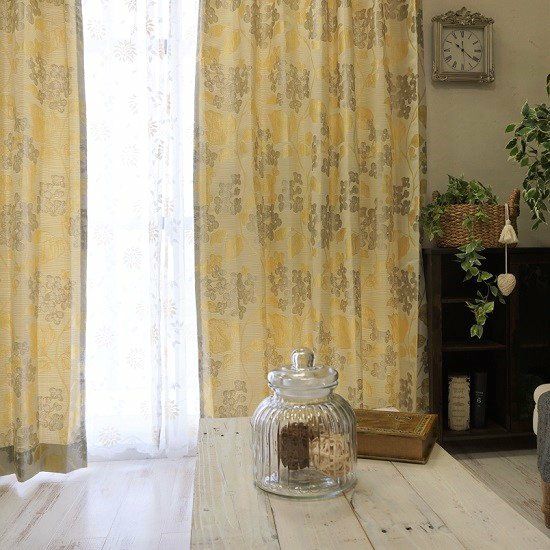 【エクストリームシリーズ】上質ジャガード・形状記憶付カーテン ＜HANAIRO はないろ イエロー＞ | びっくりカーテン｜100サイズカーテンとインテリアの専門店